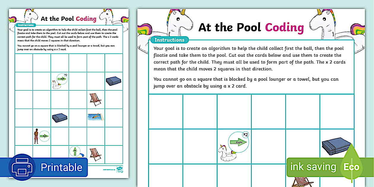 Grade 2 - Coding Worksheet: At the Pool Coding - Twinkl