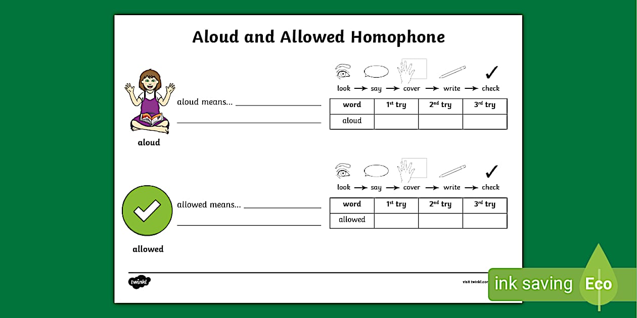 Aloud and Allowed Homophone Worksheet (teacher made)