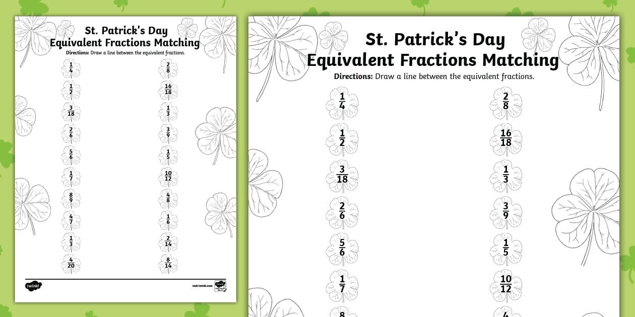 St. Patrick's Day Equivalent Fractions Matching Activity