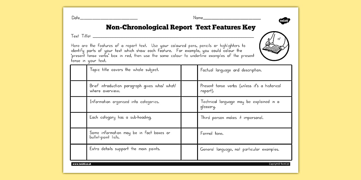Editable Features of a Non-Chronological Report Text Checklist