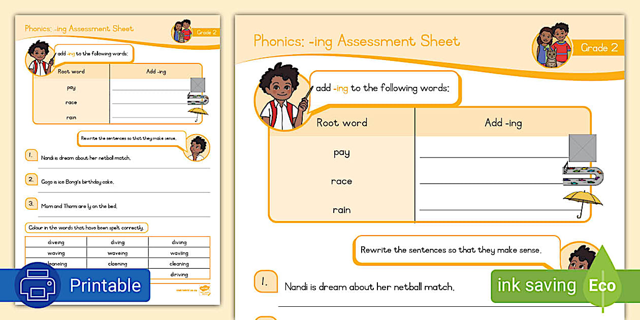 Grade 2 Phonics: Suffix -ing Assessment Sheet (Teacher-Made)