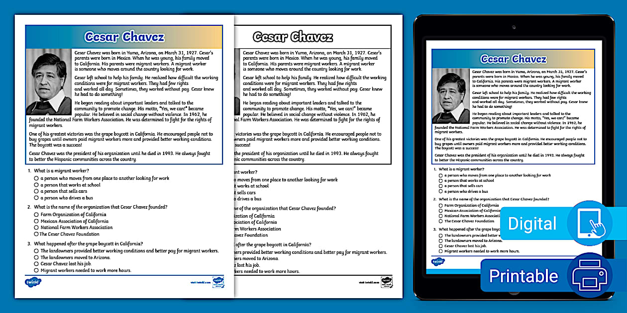 Fourth Grade Cesar Chavez Reading Passage Comprehension Worksheet