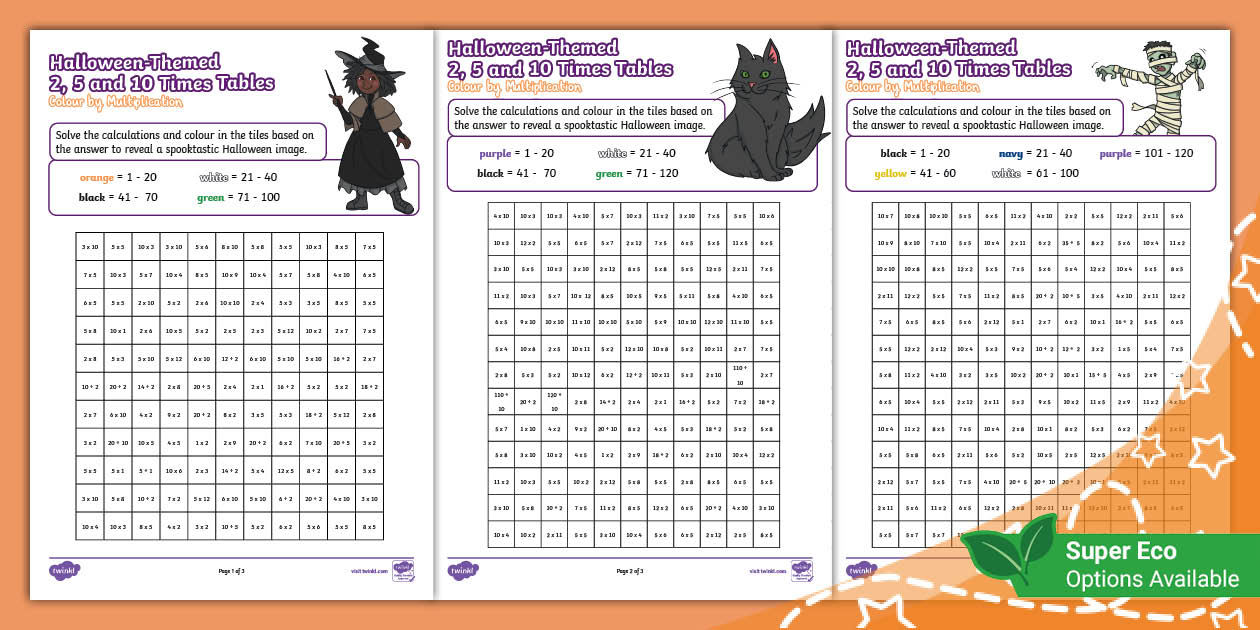 2, 5 & 10 Halloween Times Tables Maths Mosaic Activity