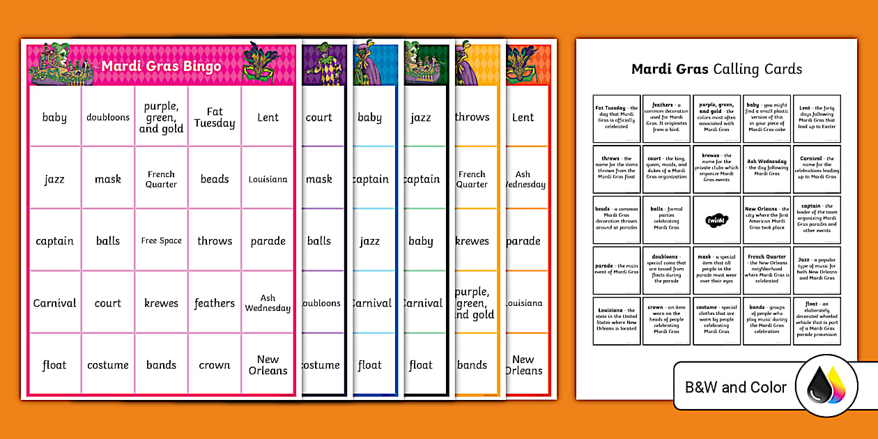 Mardi Gras Bingo for 6th-8th Grade