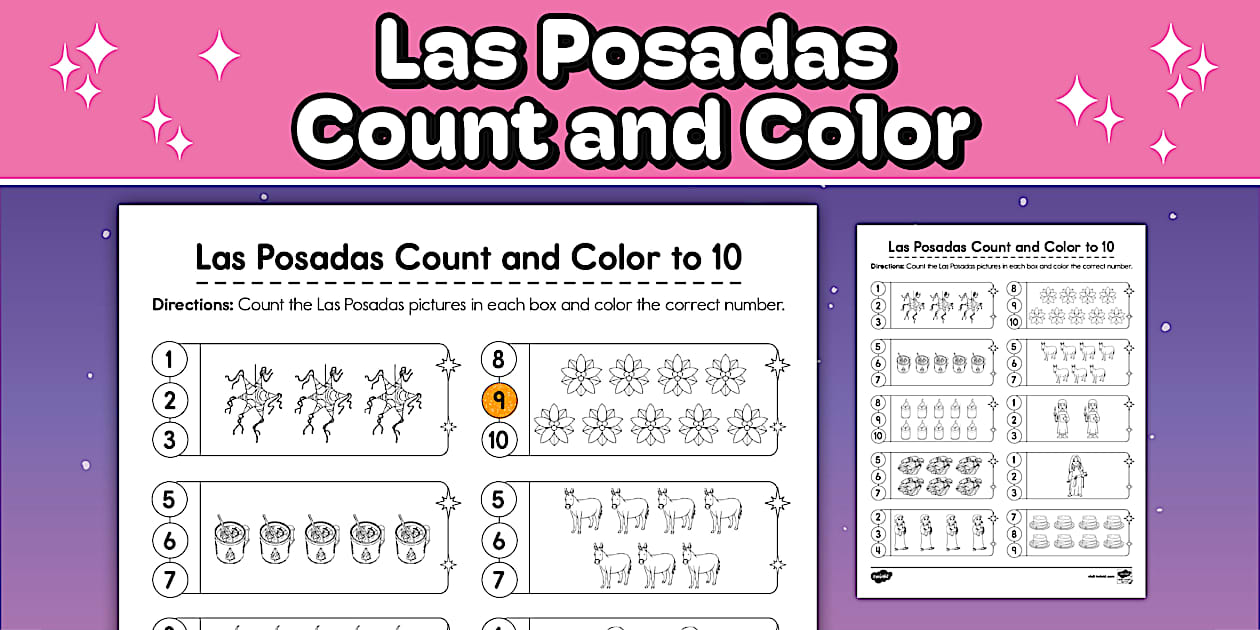 Las Posadas Count and Color to 10 Worksheet PreK-K