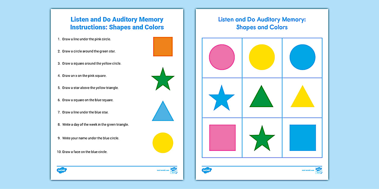 Listen and Do Auditory Memory Activity: Four Words (Shapes and Colors)