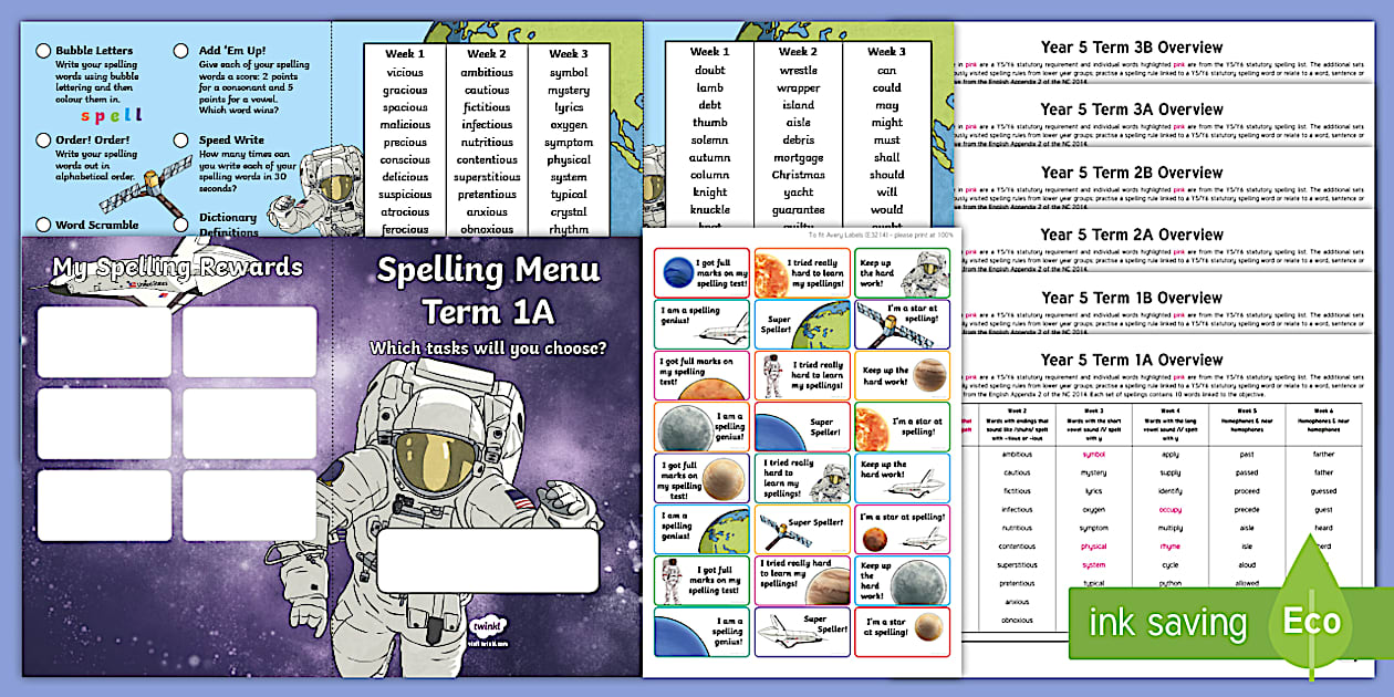 Editable Year 5 Space Themed Spelling Menu Pack - Twinkl