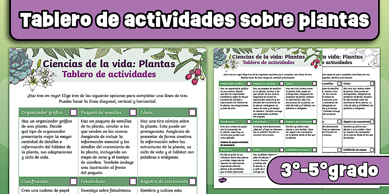 Tablero de actividades sobre plantas para 3°-5° grado