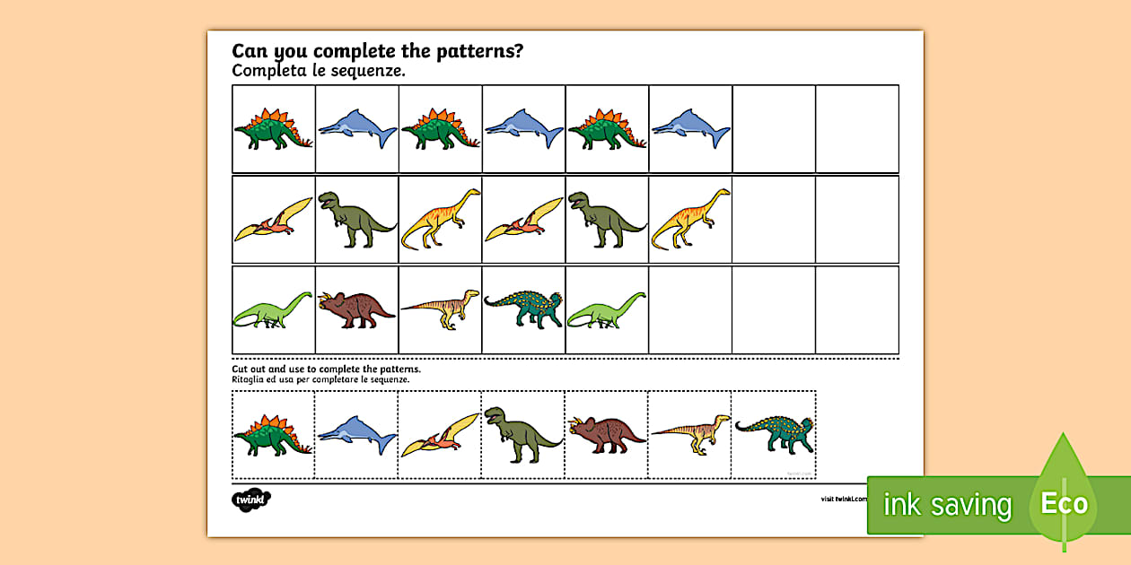 Dinosaur Complete the Pattern Worksheet / Worksheet English/Italian ...