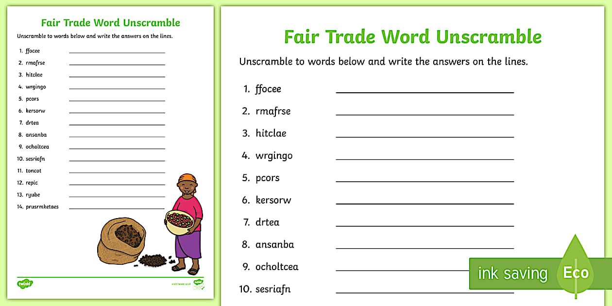 Black and White Fair Trade Word Unscramble (teacher made)