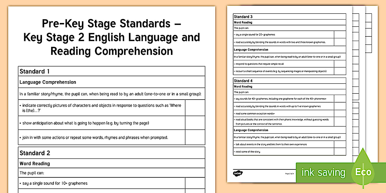Editable Pre-Key Stage Standards KS2 English Reading Assessment Checklist
