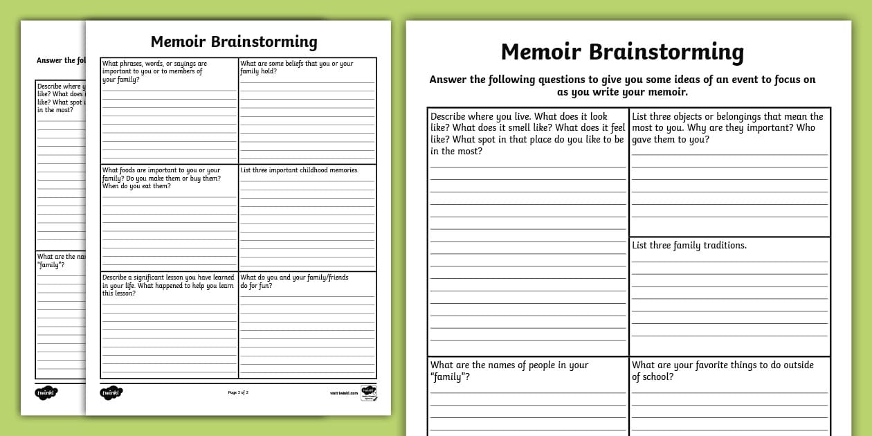 Memoir Brainstorming Activity for 6th-8th Grade - Twinkl