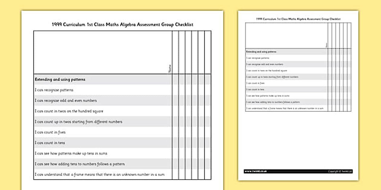 1999 Curriculum 1st Class Maths Algebra Assessment Targets Group Checklist