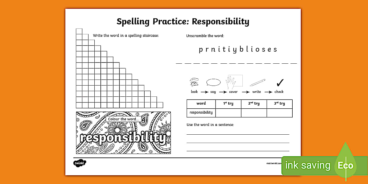 Responsibility Spelling Practice Worksheet - Twinkl