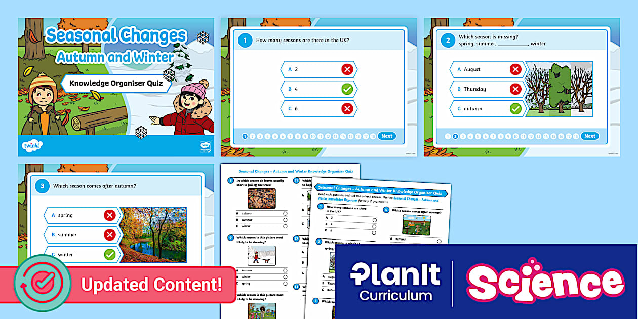 Y1 Science Seasonal Changes Autumn & Winter Knowledge Organiser Quiz Pack