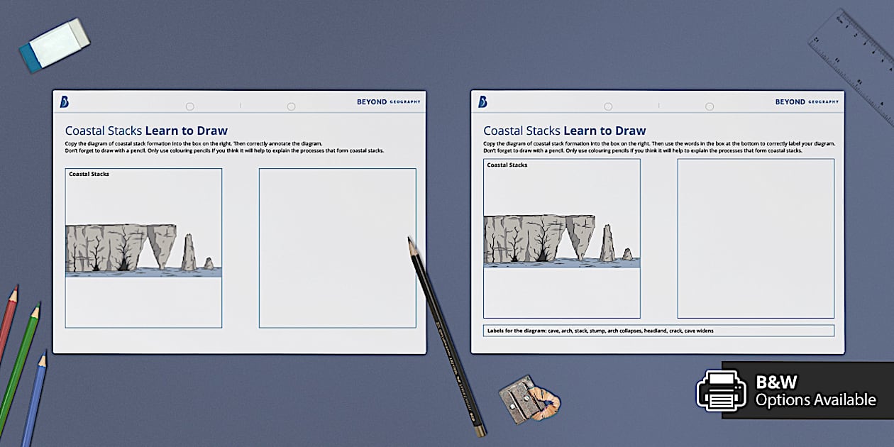 Learn to Draw Coastal Stacks Worksheets | Geography | Beyond