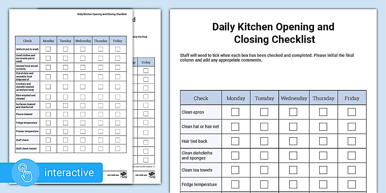 Daily Kitchen Opening and Closing Checklist for Private Early Years ...