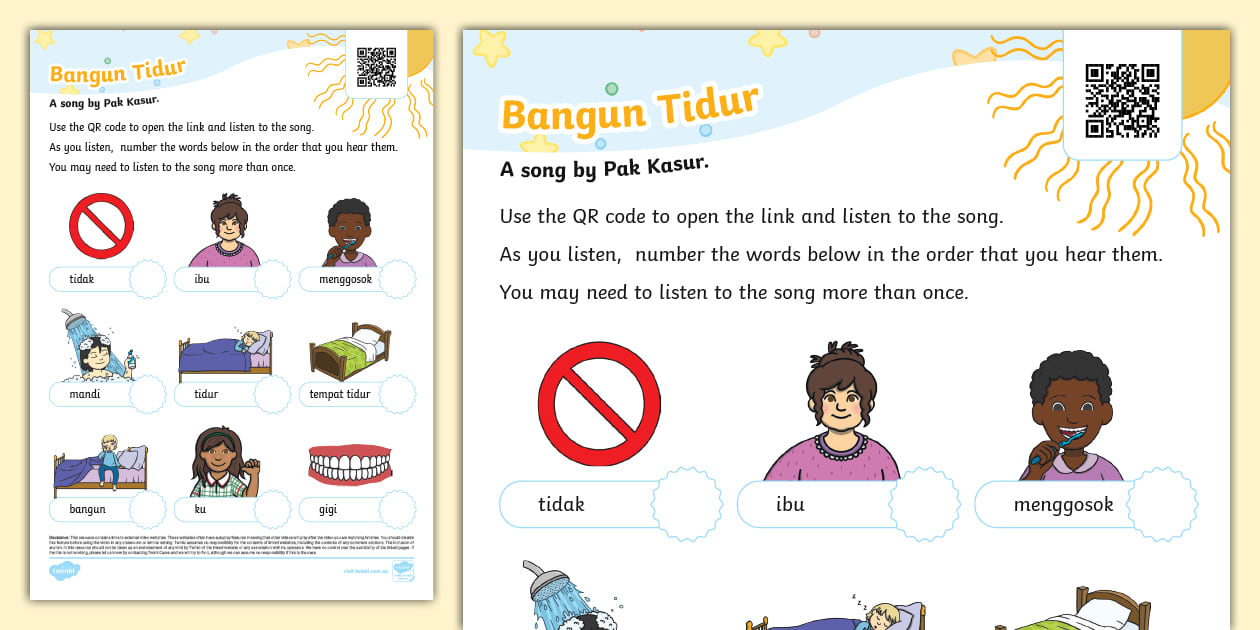 Bangun Tidur Indonesian Song Numbering Activity Worksheet