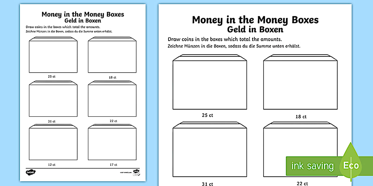 Euros Money in the Money Boxes Worksheet / Worksheet English/German