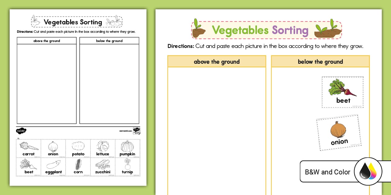 Early Childhood Vegetables Sorting Worksheet - Twinkl