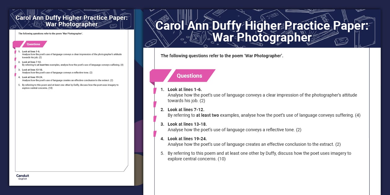 Carol Ann Duffy Practice Paper: War Photographer - Twinkl