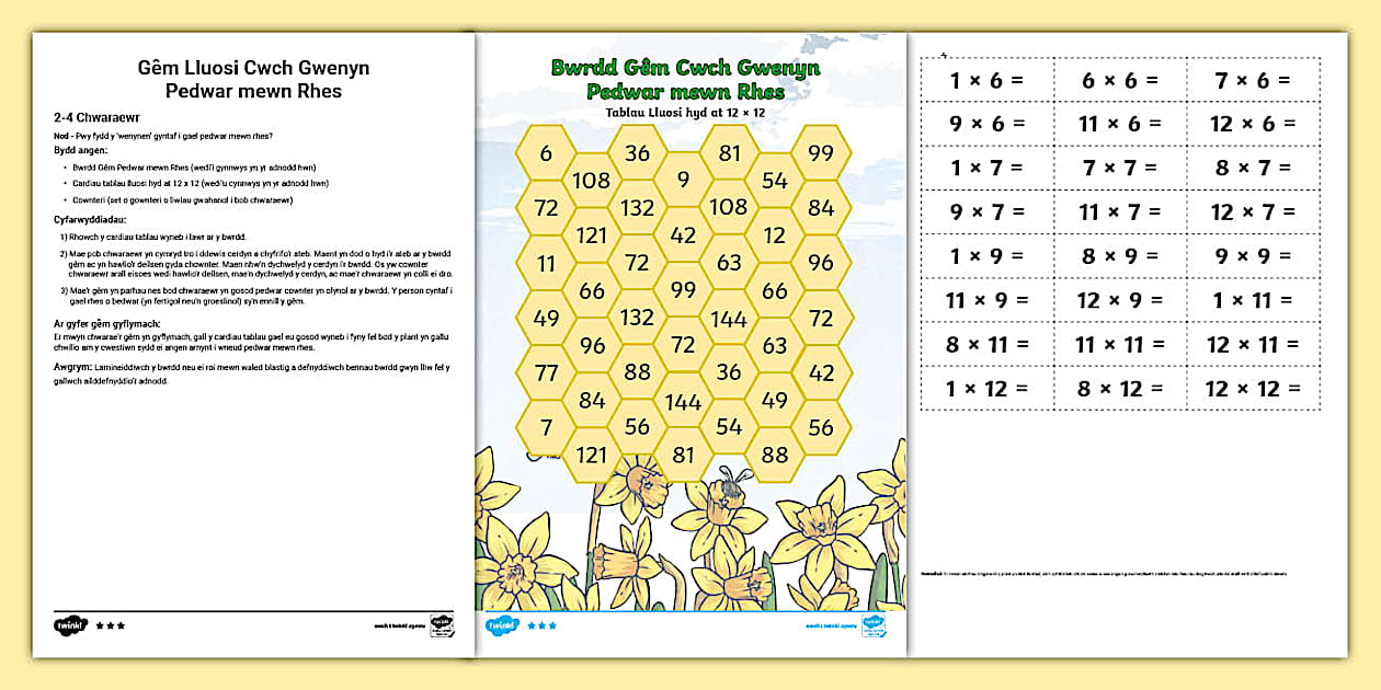 Gêm Lluosi Cwch Gwenyn: Pedwar mewn Rhes (Teacher-Made)