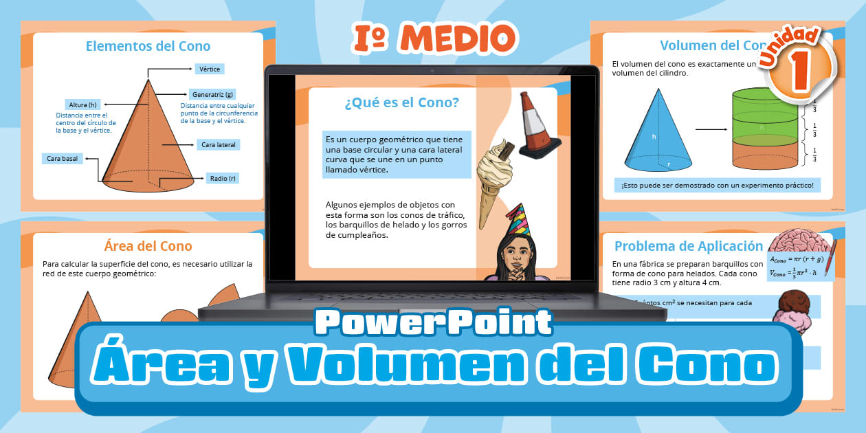 PowerPoint | Área y Volumen Cono | Matemáticas | Geometría