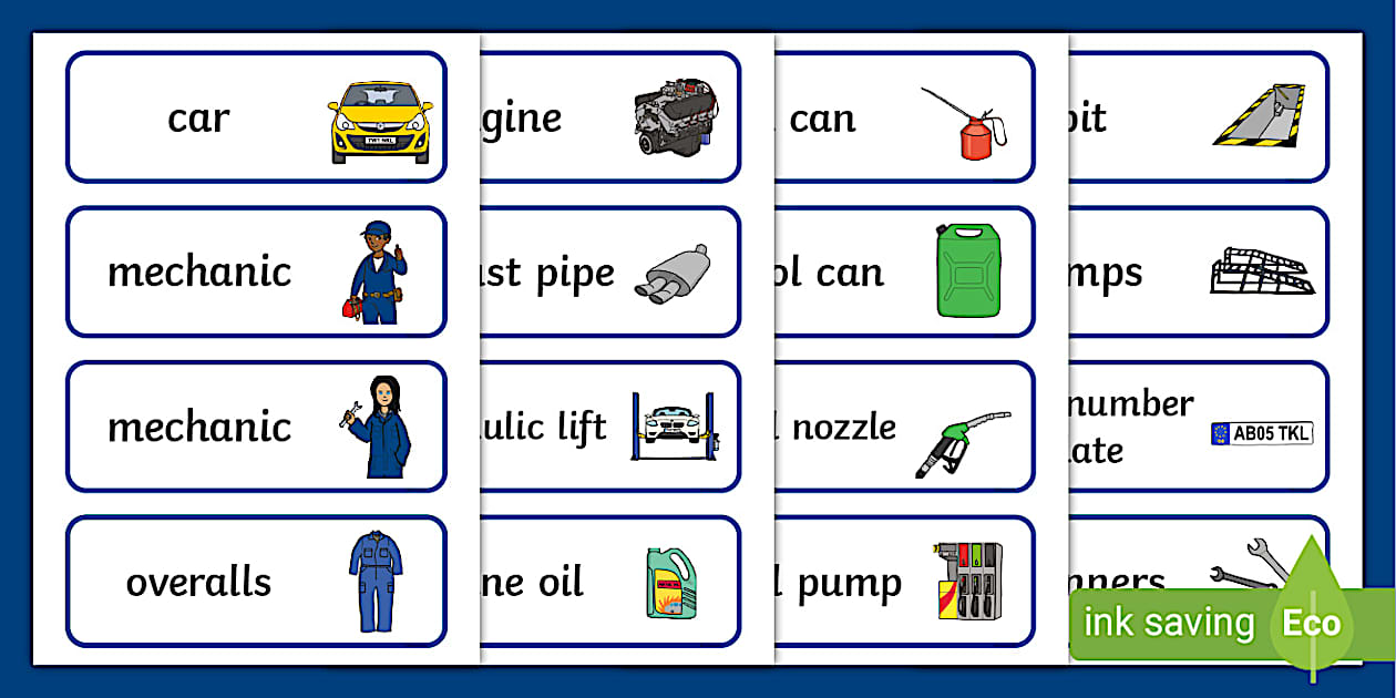 Mechanics/Garage Role Play Word Cards