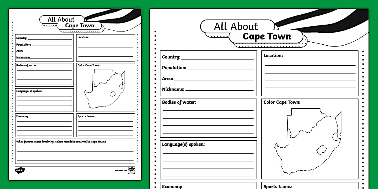 All About Cape Town Research and Write Worksheet for 3rd-5th Grade