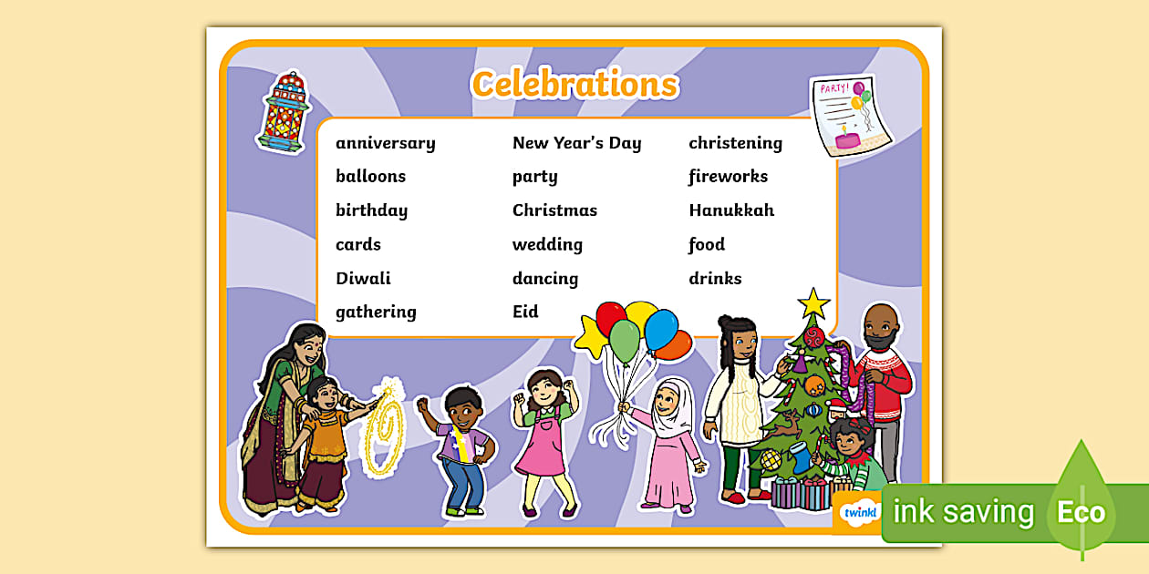Celebrations Word Mat, Celebrations Vocabulary - Twinkl