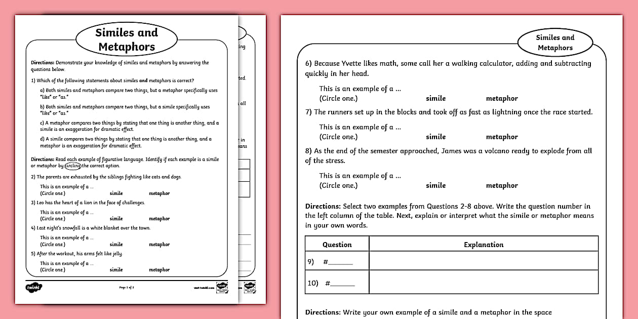 Mixed Practice Similes and Metaphors Activity | Twinkl USA