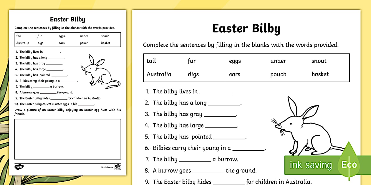 Easter Bilby Cloze Worksheet (teacher made) - Twinkl
