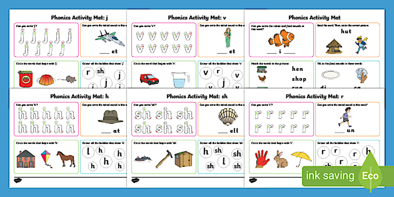 EYFS h, sh, r, j, v Phonics Activity Mats (teacher made)