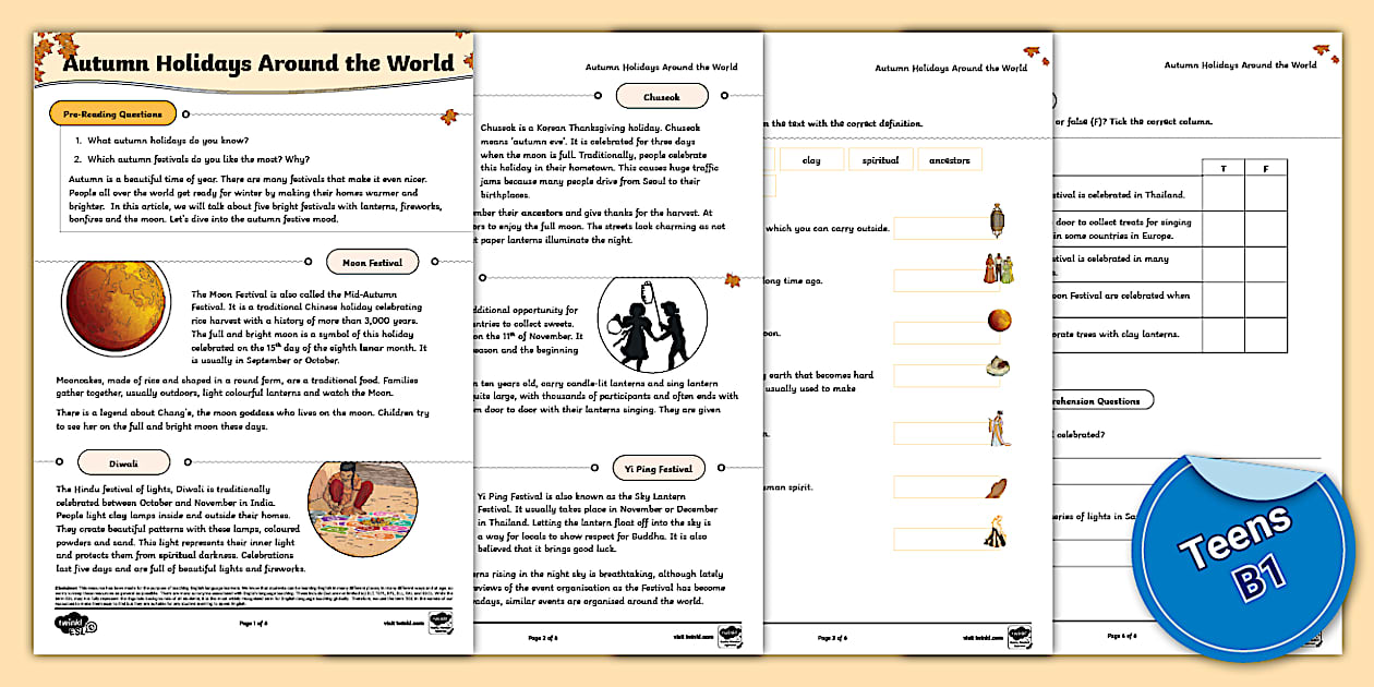 ESL Autumn Holidays Around the World Reading Comprehension for Teens