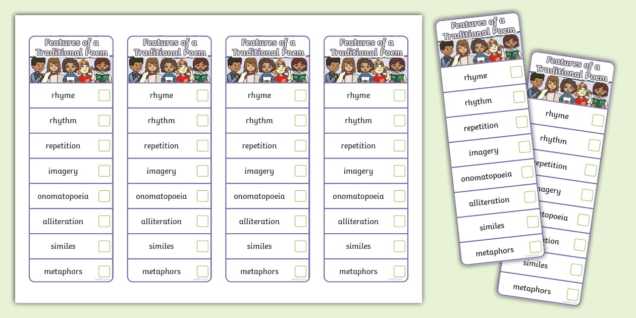Features of a Traditional Poem Bookmark Checklist - Twinkl