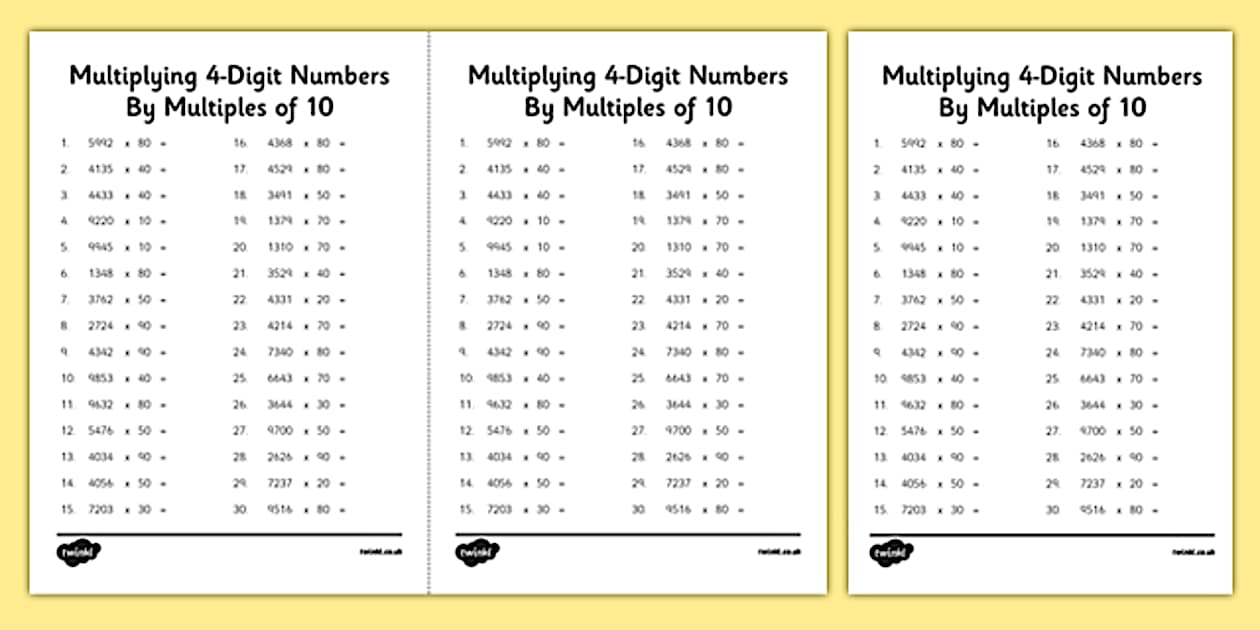 Editable Multiplying 4-Digit Numbers by Multiples of 10