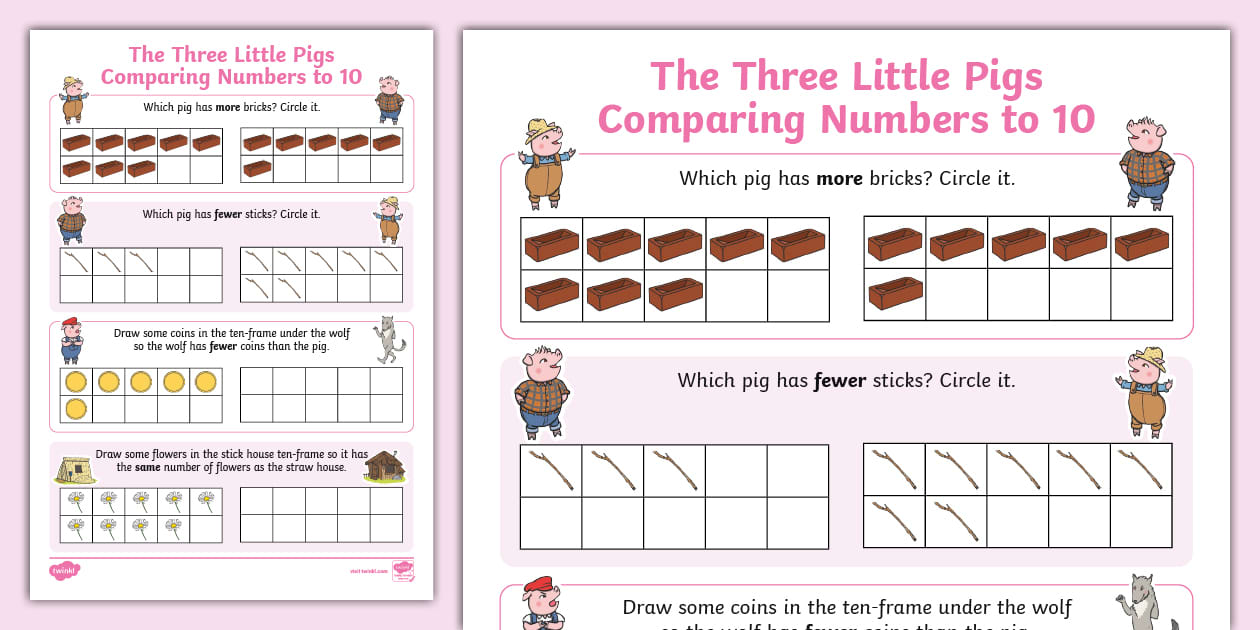 👉 The Three Little Pigs Comparing Numbers to 10 Activity