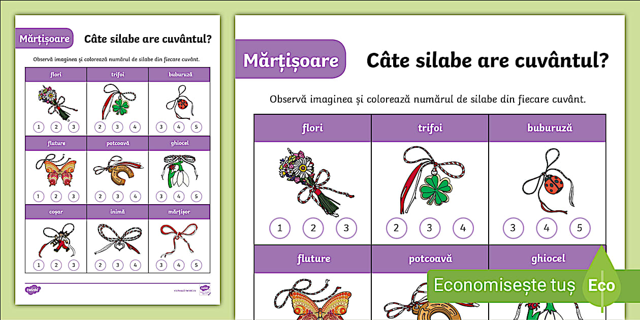 Mărțișoare: Câte silabe are cuvântul? – Fișă de activitate