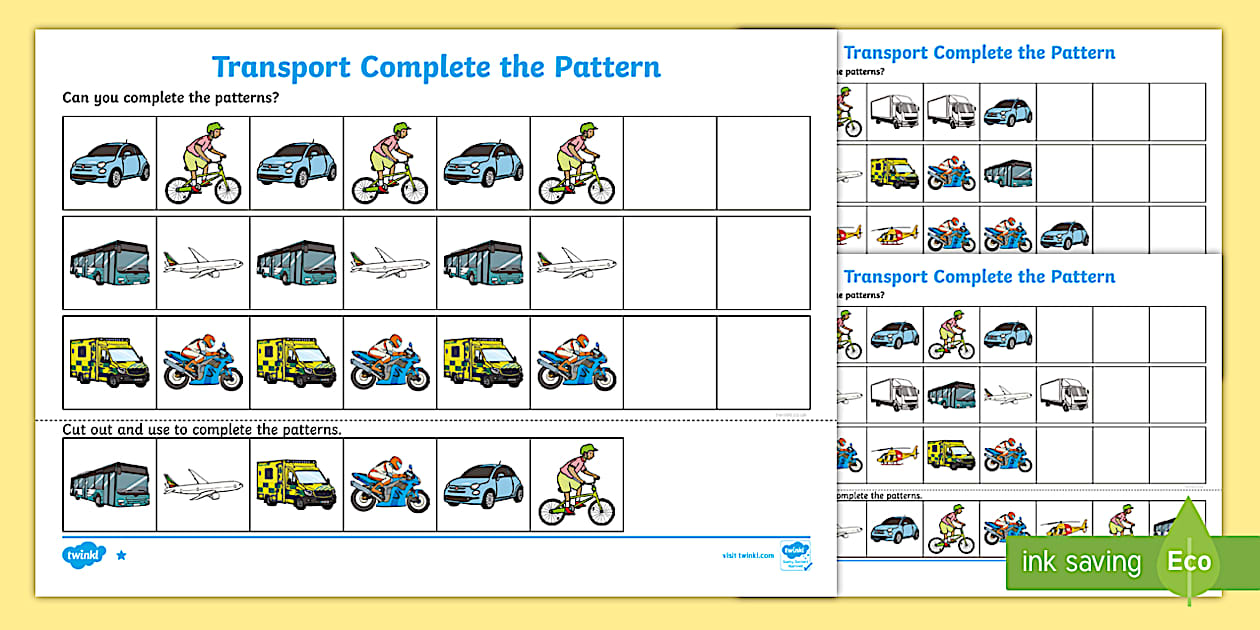 Lower Ability Vehicle-Themed Complete the Pattern Worksheet