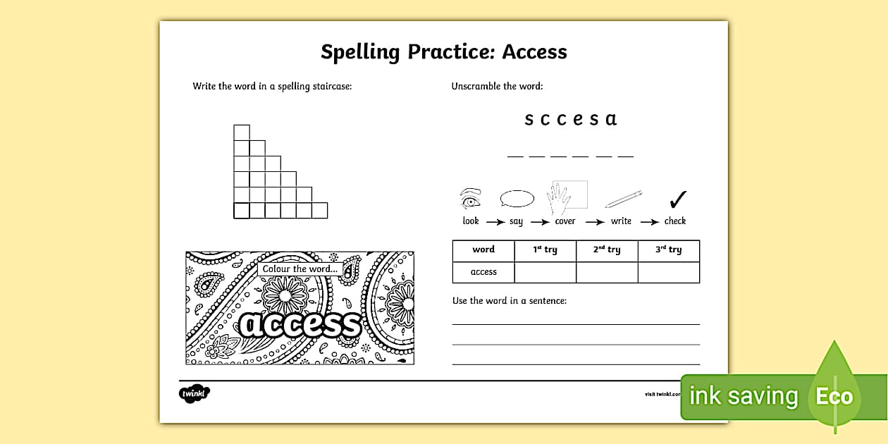 Access Spelling Practice Worksheet (teacher made) - Twinkl
