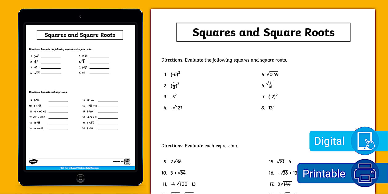 Eighth Grade Squares and Square Roots Worksheet - Twinkl