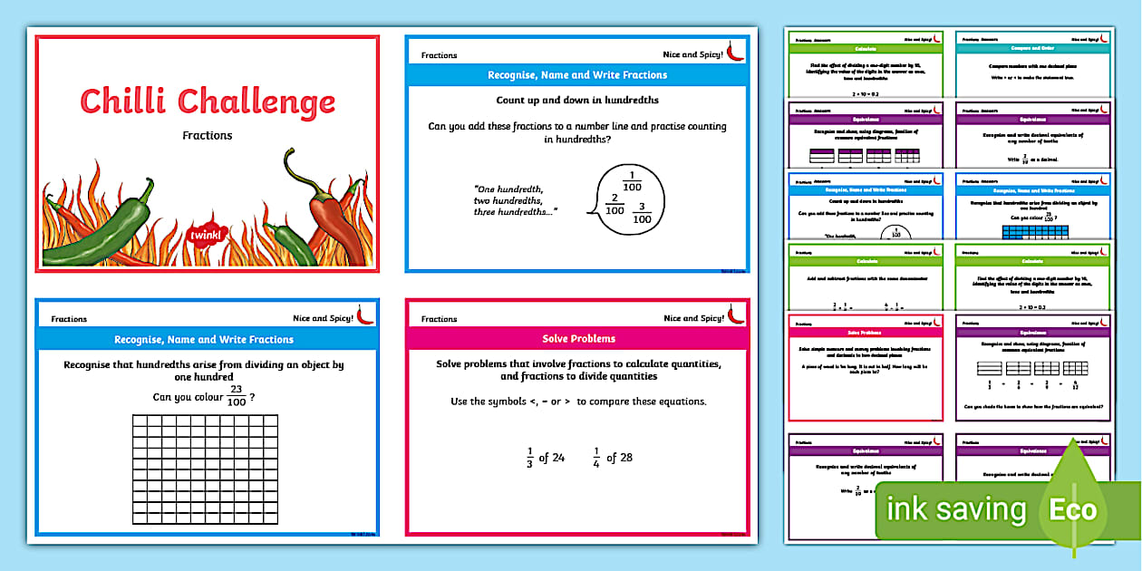 Year 4 Maths Fractions Chili Challenge Cards (Teacher-Made)