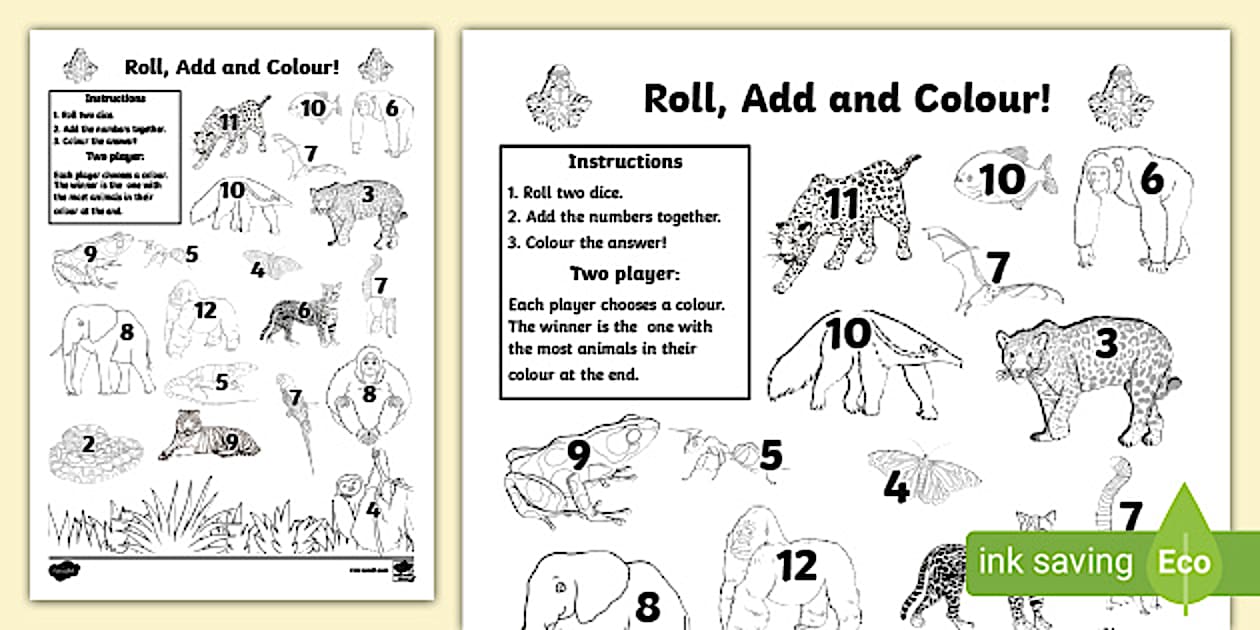 Jungle Themed Roll And Colour Worksheet / Worksheet - Twinkl