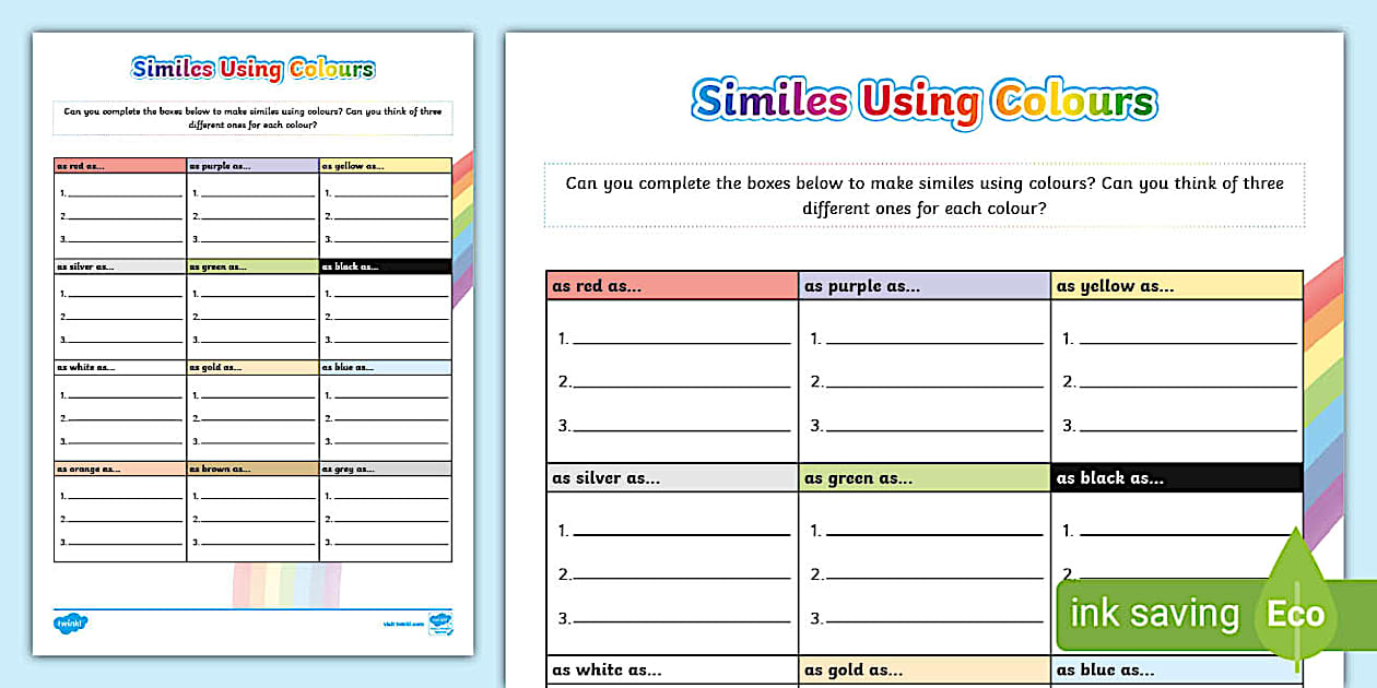Colour Similes Activity - English - Simile and Metaphor