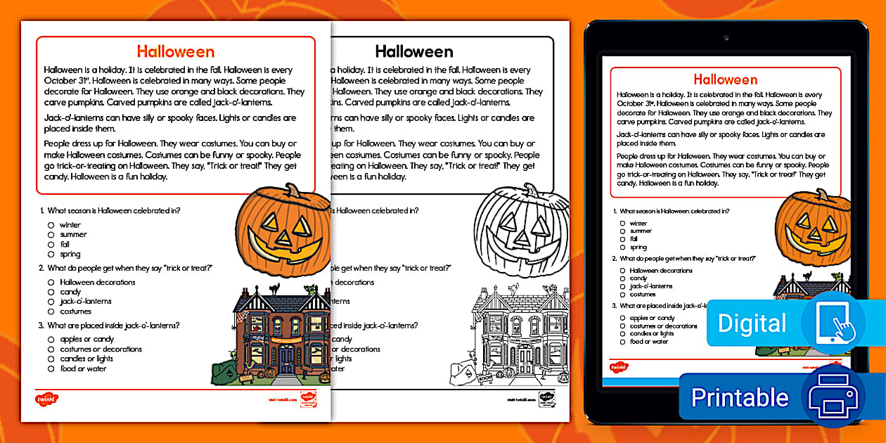 Kindergarten Halloween Reading Passage Comprehension