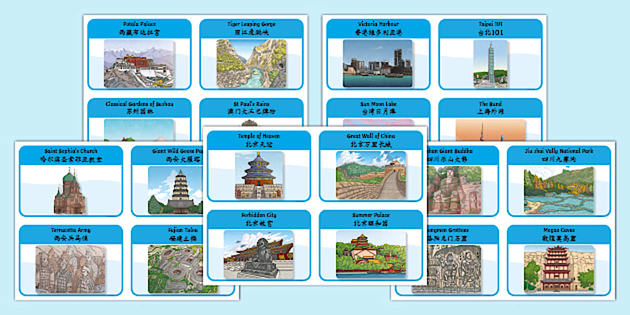 China Landmarks Flash Cards English/Simplified Chinese