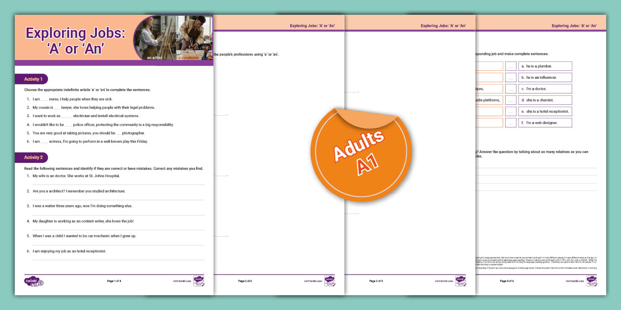 ESL Exploring Jobs: 'A' or 'An' Activity Sheet [Adults, A1]