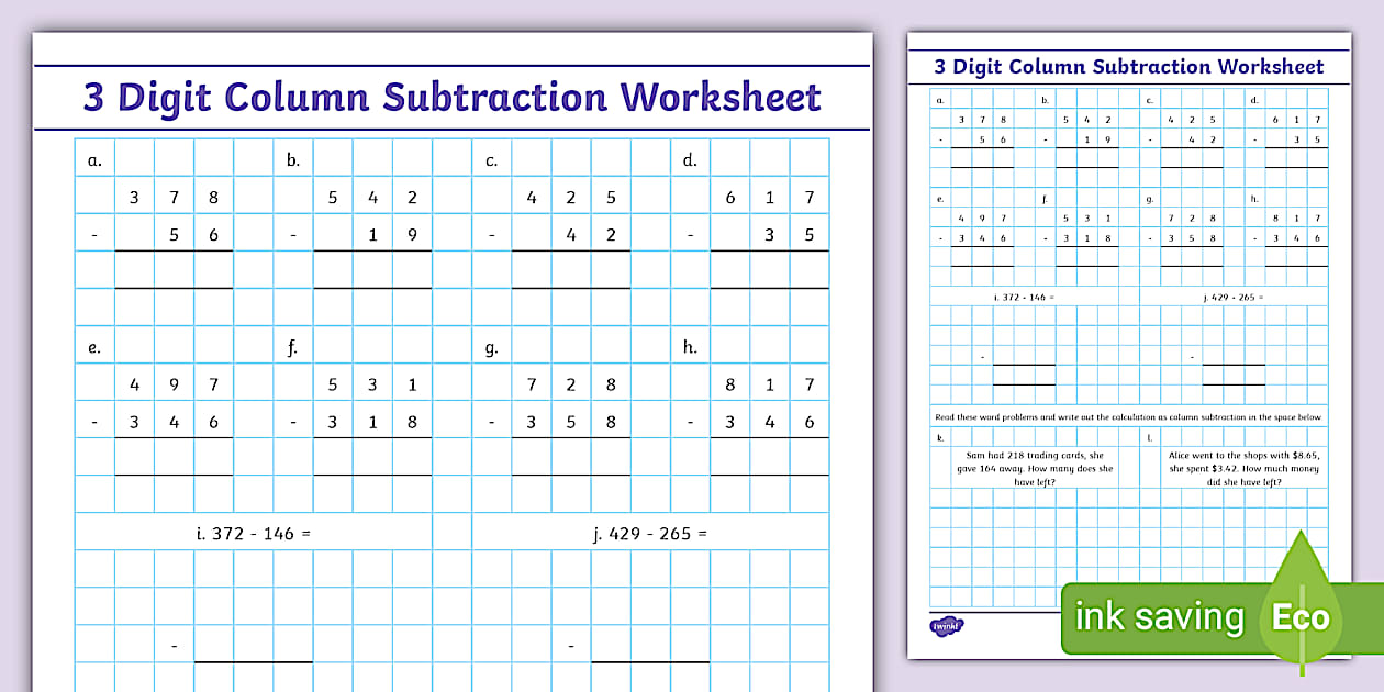 3 Digit Column Method Subtraction Worksheet - Maths - 3-4