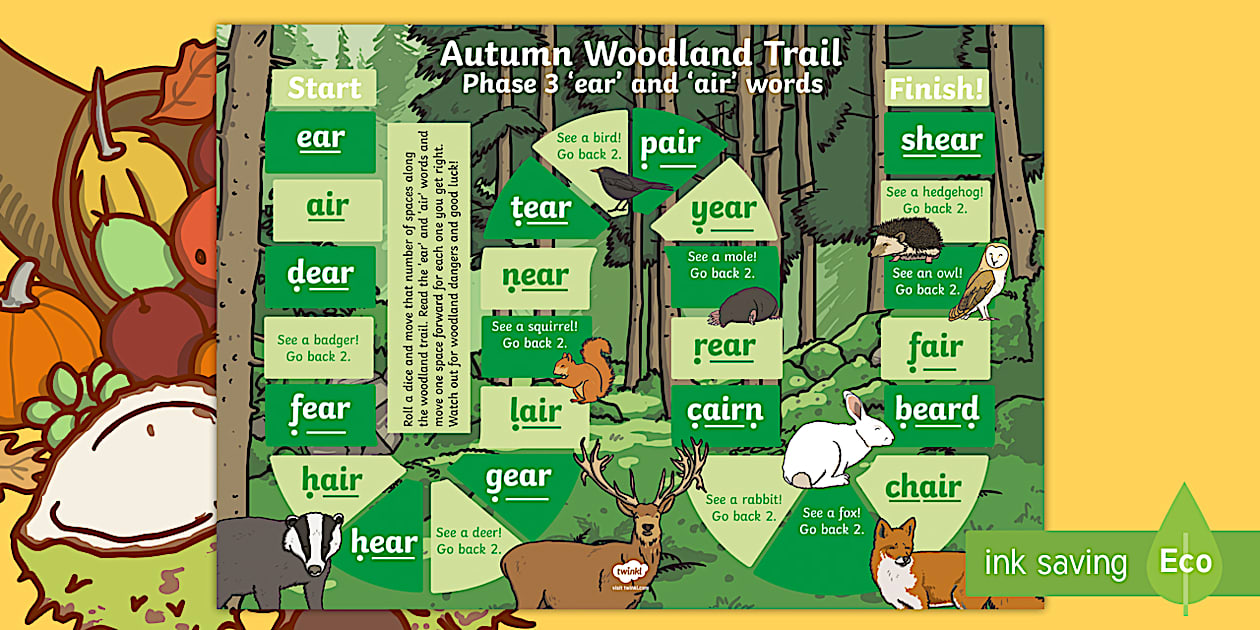 Phase 3 'ear' and 'air' Words Autumn Woodland Trail Board Game