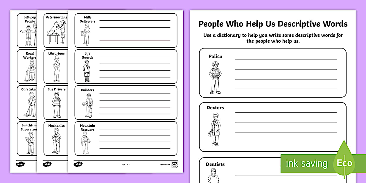 People Who Help Us Descriptive Words Worksheets - Twinkl